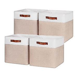 HNZIGE Fabric Baskets Storage Cubes Baskets Set(4 Pack) Large Cube Baskets for Shelves,13x13x13 Storage Cube Bins for Storage with Leather Handles for Home, Toys, Clothes, Kids Room, Closet Storage(White&Beige)