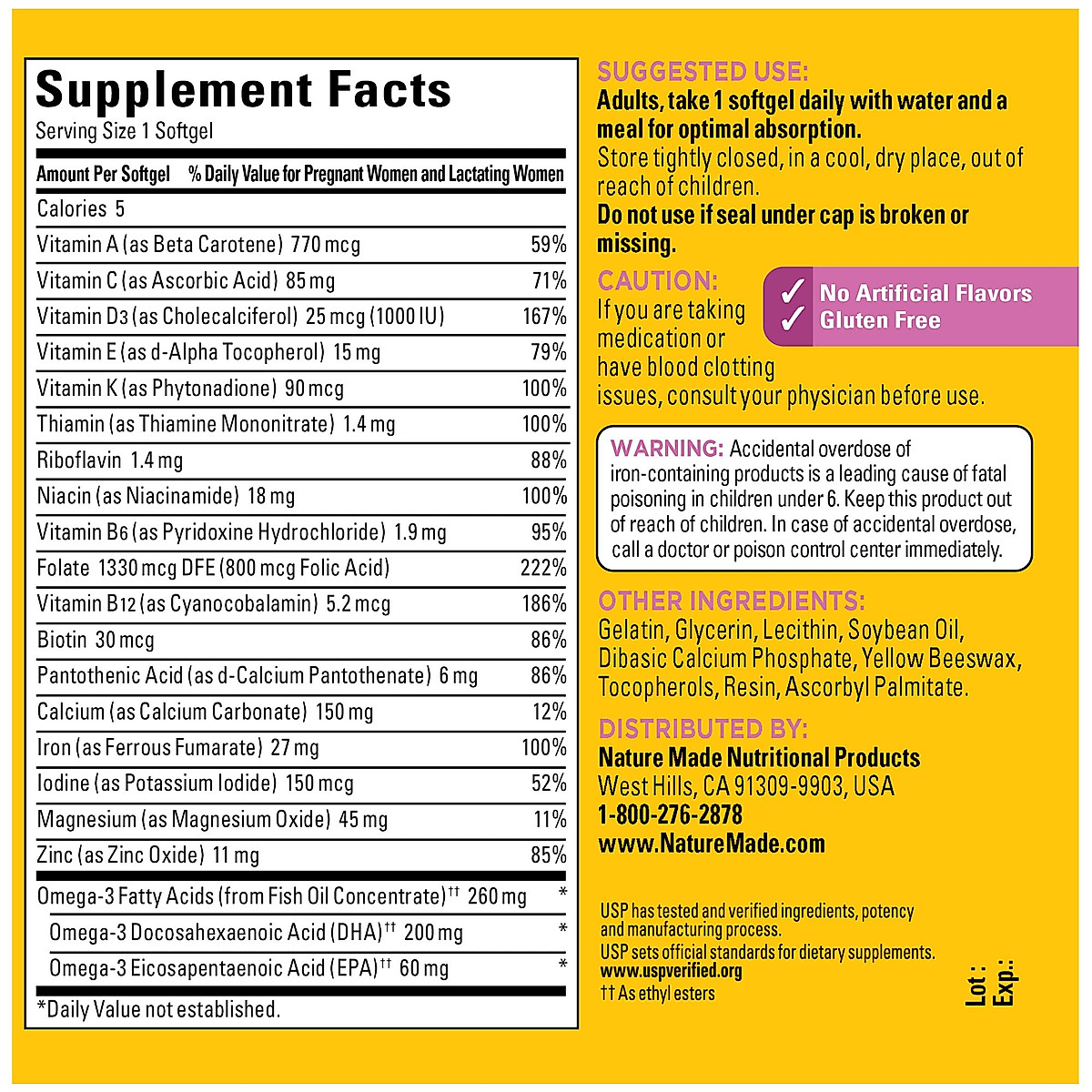 Nature Made Prenatal with Folic Acid + DHA, Prenatal Vitamin and Mineral Supplement for Daily Nutritional Support, 110 Softgels, 110 Day Supply