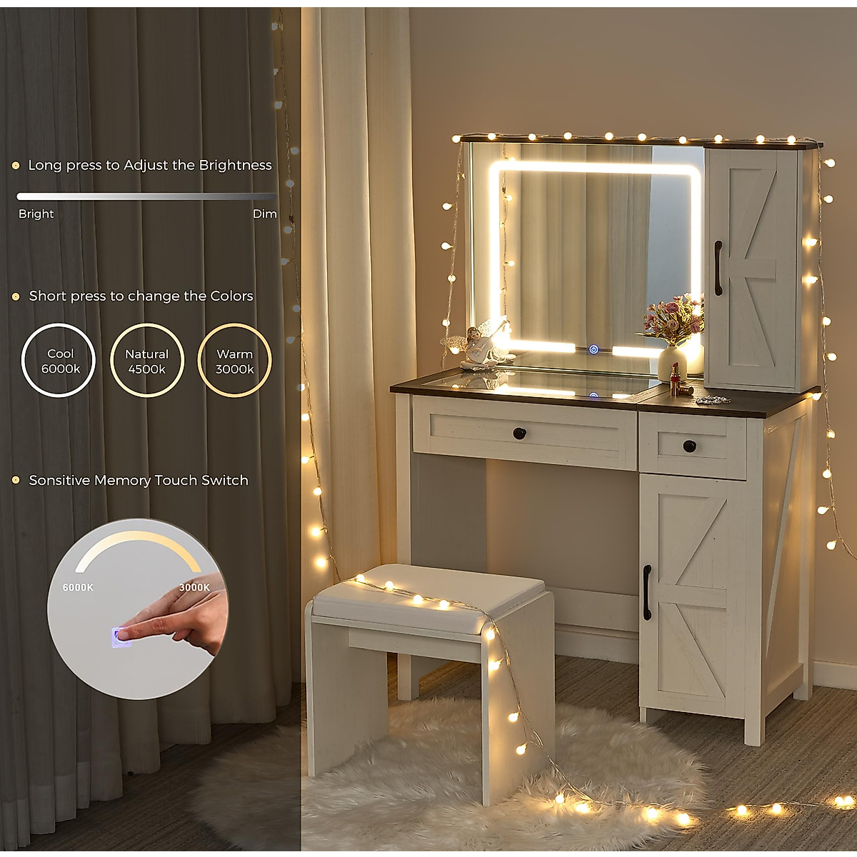 ANWBROAD Farmhouse Vanity Makeup Desk with Glass Tabletop, Vanity Desk with Lights Mirror Drawers Cabinet for Makeup, Modern Vanity Table Set with Vanity Stool for Bedroom, White UBDT59W