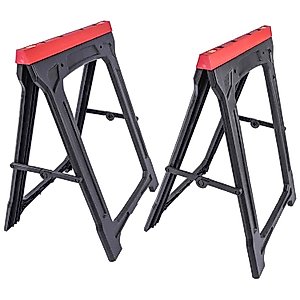 JEGS Folding Saw Horses 2 Pack - 350 LBS Capacity - Heavy Duty Saw Horse - Weather-Resistant Polypropylene Folding Sawhorse - Folds Flat to 2 Inches - Folding Sawhorses Pack of 2