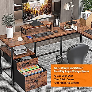 Furologee 66" L Shaped Computer Desk with Shelves, Corner Gaming Desk with File Drawer and Dual Monitor Stand, Large Home Office Desk Writing Study Table Workstation, Rustic Brown