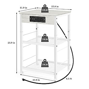 White Nightstand with Charging Station 3 Tier Small End Table with Storage Shelf Modern Farmhouse Bed Side Table with USB Ports and Outlets for Small Space Living Room Bedroom