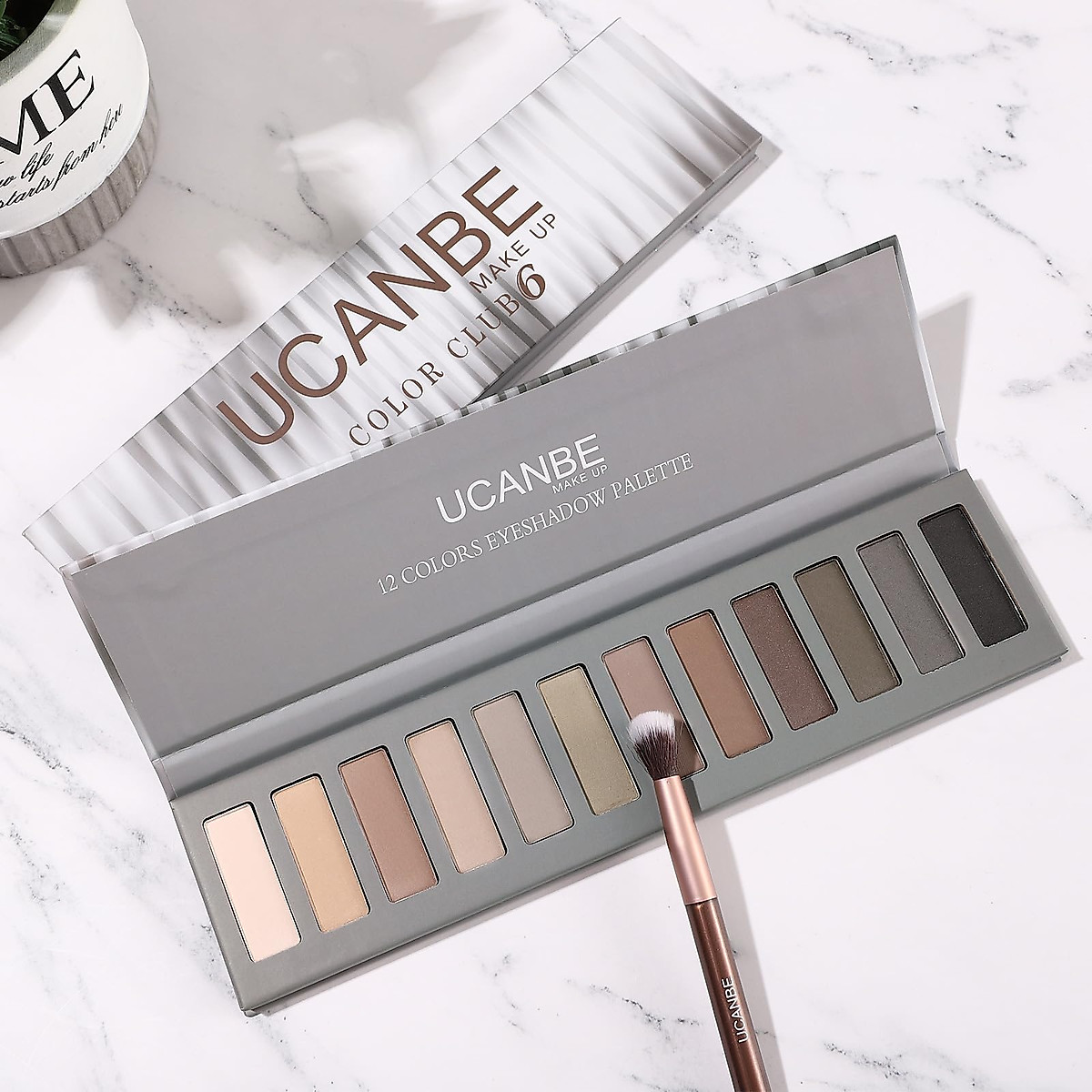 UCANBE 12 Color Eyeshadow Makeup Palette, Naked Nude Eye Shadow, Neutral Matte Shimmer Make Up Pallet with Double-ended Brush Set Kit, Highly Pigmented Long Lasting Waterproof (Palette + Brush - 06)