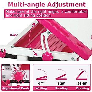 FDW Kids Desk Children Writing Student Desk Drafting Table Height Adjustable Study Table and Chair with Drawers Storage，Pink