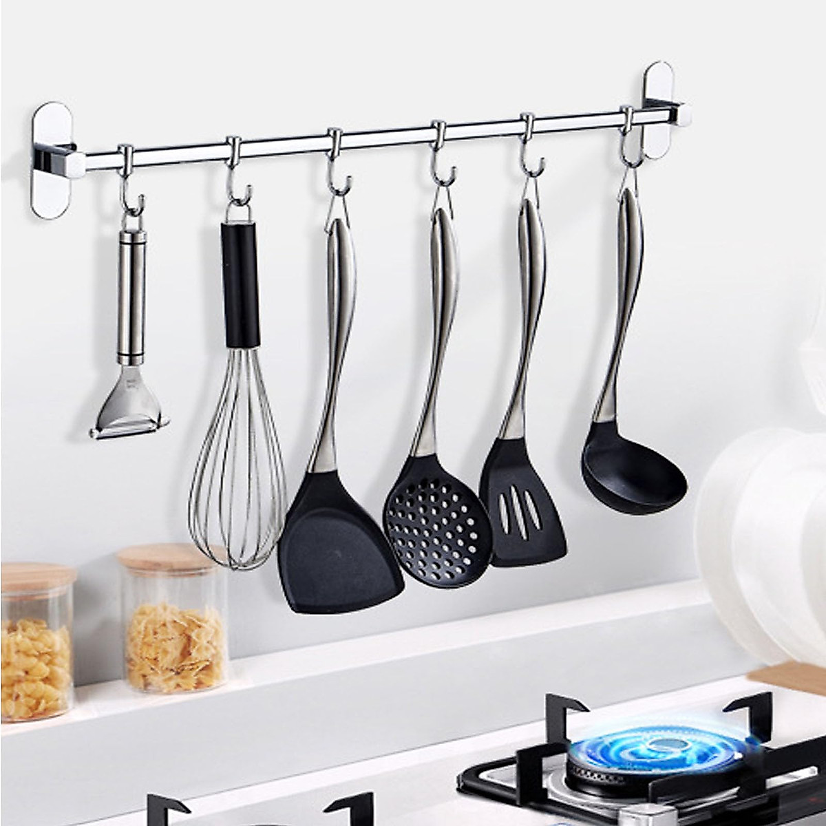 Altomoey Adhesive Wall Hooks Rack Kitchen Rail, 8 hooks 23.43Inch Space Saving Utensil Holder,No Drilling Wall Mounted Accessory Hanger for Kitchen Bathroom