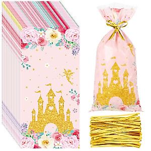 Leinuosen 100 Pcs Princess Theme Cellophane Treat Bags with Ties Castle Floral Fairy Princess Party Favor Bags Pink Plastic Candy Bags Cookie Bags Favor Gift Bag for Princess Birthday Party Supplies
