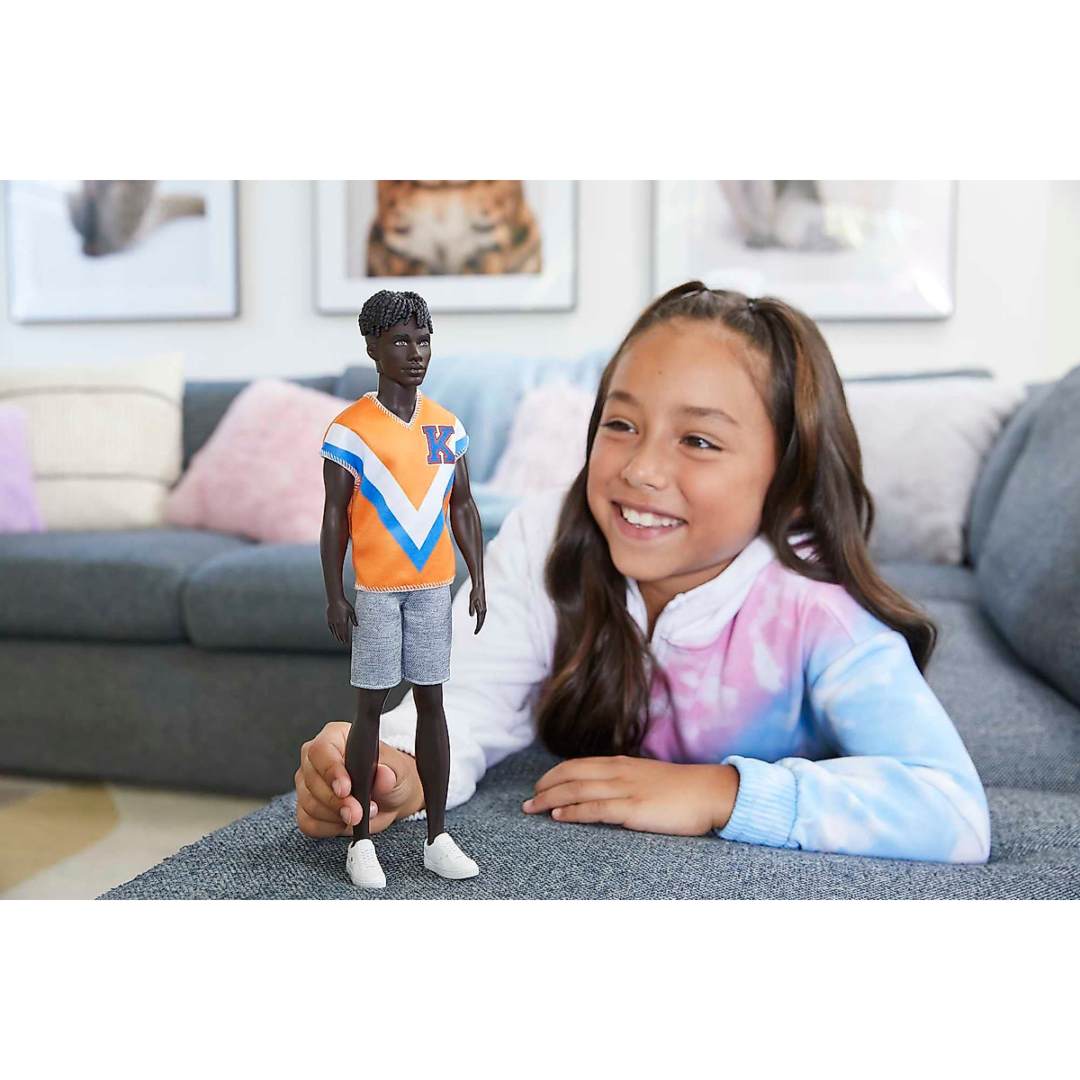 Barbie Fashionistas Ken Fashion Doll #203 with Twisted Black Hair Wearing Orange Athletic Jersey, Shorts & White Sneakers