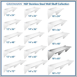 GRIDMANN 18" x 60" Stainless Steel Wall Mount Shelf with Backsplash, Commercial Grade - NSF Certified 18 Gauge Shelving for Restaurant, Kitchen, Utility Room, Garage