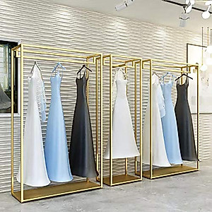 FURVOKIA Heavy Duty Metal Garment Rack,Wedding Dress Retail Studio Display Stand,Floor-Standing Clothing Rack,Shoes Bags Clothes Organizer Storage Shelves (Gold with Metal Plate, 67" H)