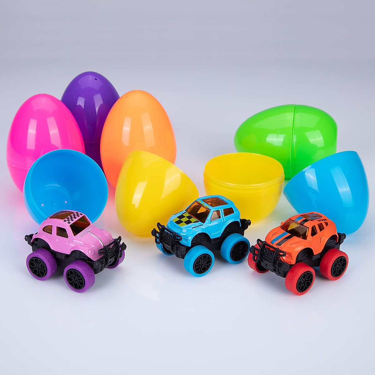 Lumiparty 12PACK Easter Eggs Prefilled with Alloy Pull Back Cars , Pullback Monster Vehicles Toys for Easter Party Favors, Easter Basket Stuffers, Easter Egg Fillers, Easter Eggs Hunt.