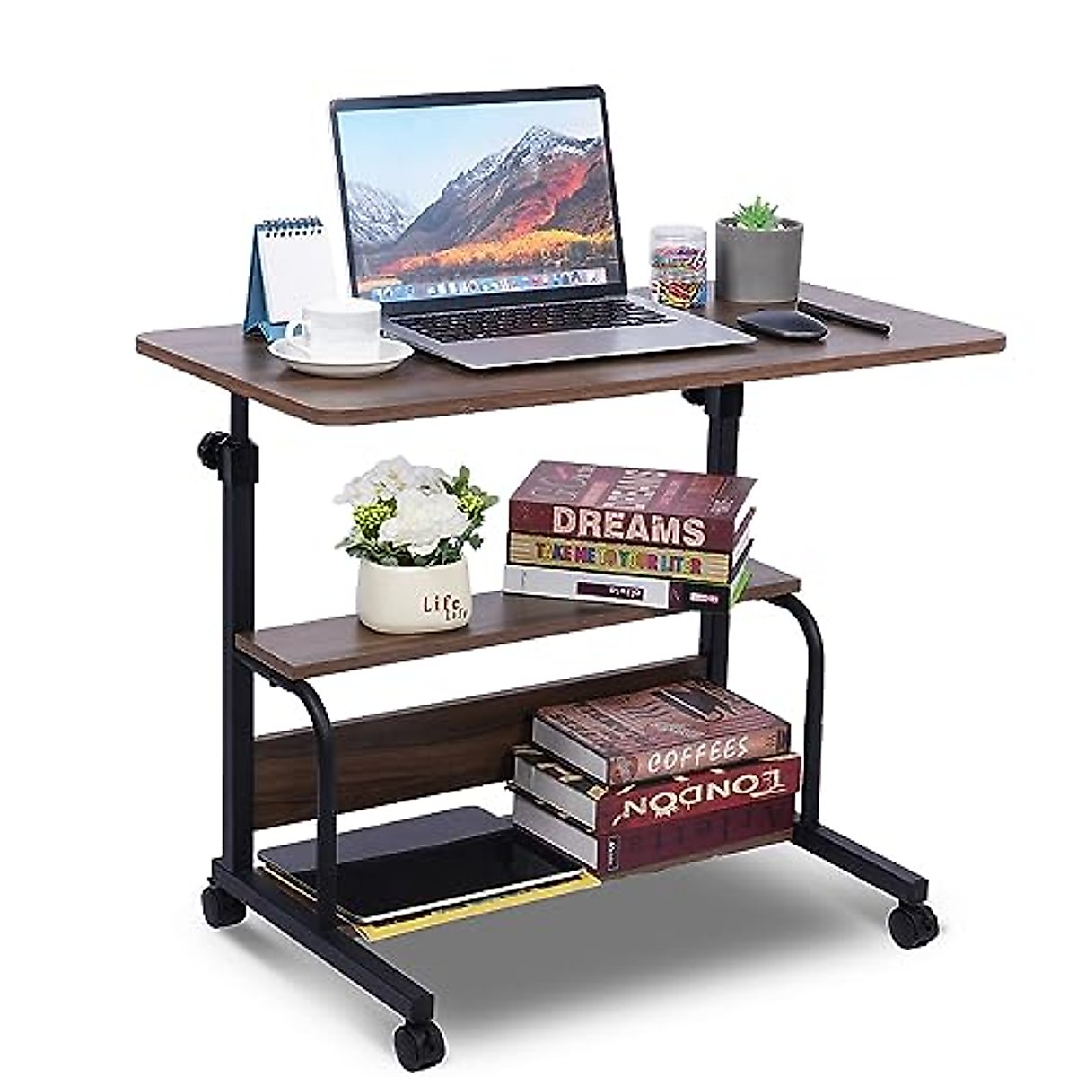 Portable Desk Small Desks for Small Spaces Laptop Table Brown Rolling Adjustable Desk on Wheels Mobile Couch Desk for Bedroom Home Office Computer Standing Desk Student Desk with Storage 32x16 Inch