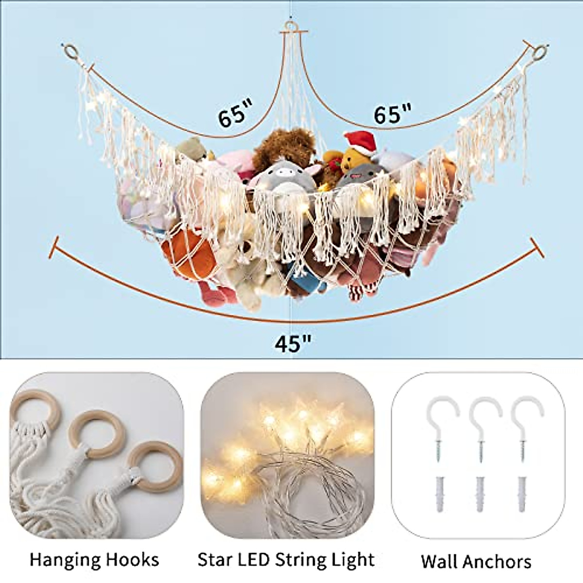 CUHIOY Toy Hammock for Stuffed Animals Large, Toy Storage Net Fits 40 Teddy Bears with Lights, Kids Mesh Hanging Nursery Organizer, Plush Toys Holder on Bedroom Wall Corner Decoration（ Beige）｜64x 64x 45 Inch