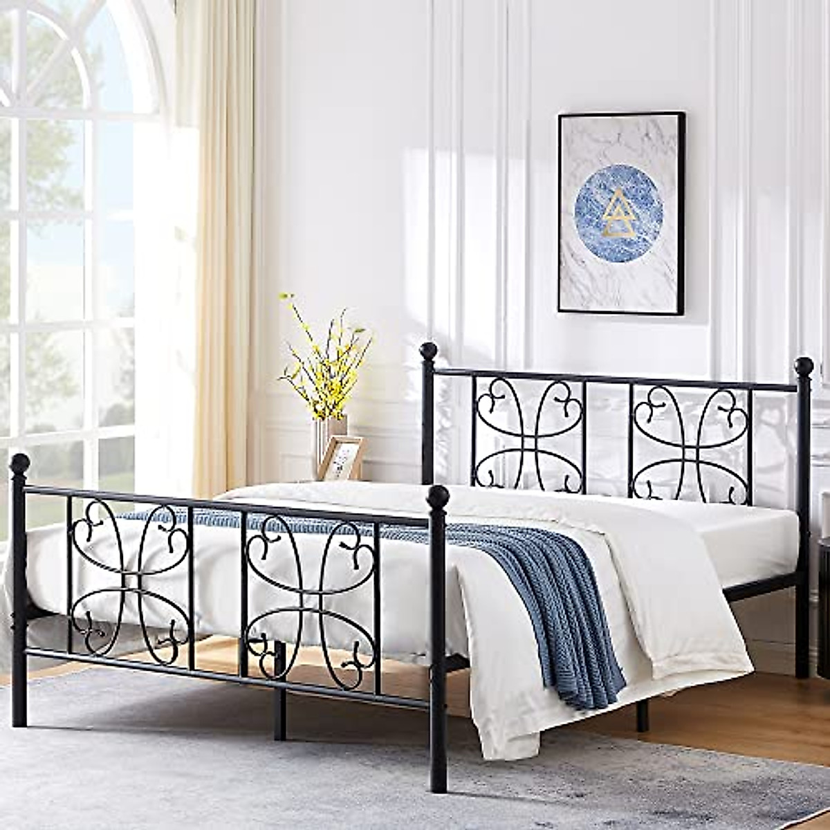 VECELO Queen Metal Platform Bed Frame Mattress Foundation with Iron-Art Headboard and Footboard, No Box Spring Needed, Noise-Free, Easy Assembly, Under Bed Storage