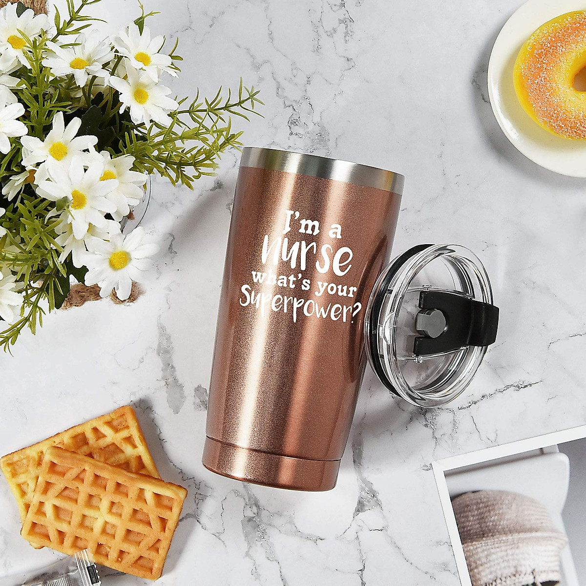 I'm a Nurse Travel Tumbler with Lid and Straw, Funny Gifts for Nurse, New Nurse, Women on Nurse Week Graduation Thanksgiving Birthday, Insulated Stainless Steel Travel Tumbler (20 Oz, Rose Gold)