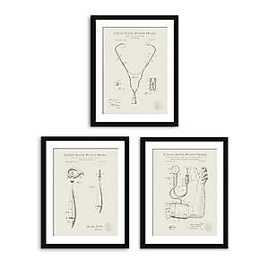 Vintage Medical Decor | 1903 Stethoscope, 1914 Blood Pressure Device, and 1918 Percussion Hammer Patents | Available Both as Prints or Framed | Antique Background | (8x10" Frames with Mat)