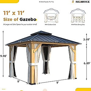 RICHRYCE 11' x 11' Solid Wood Gazebo, Hardtop Gazebo Plastic Sprayed Metal Roof Outdoor Gazebo Canopy Double Vented Roof Pergolas Wood Frame with Netting and Curtains for Garden, Patio, Lawns, Parties