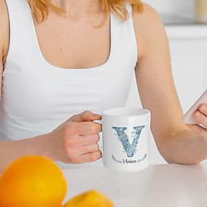 Personalized Letter V With Blue Floral Coffee Mugs, Customized Name Floral Alphabet Mugs, Coffee Cups Monogram, Letter Alphabet Initial Name Gifts, Custom Coffee Mugs For Women, Sister