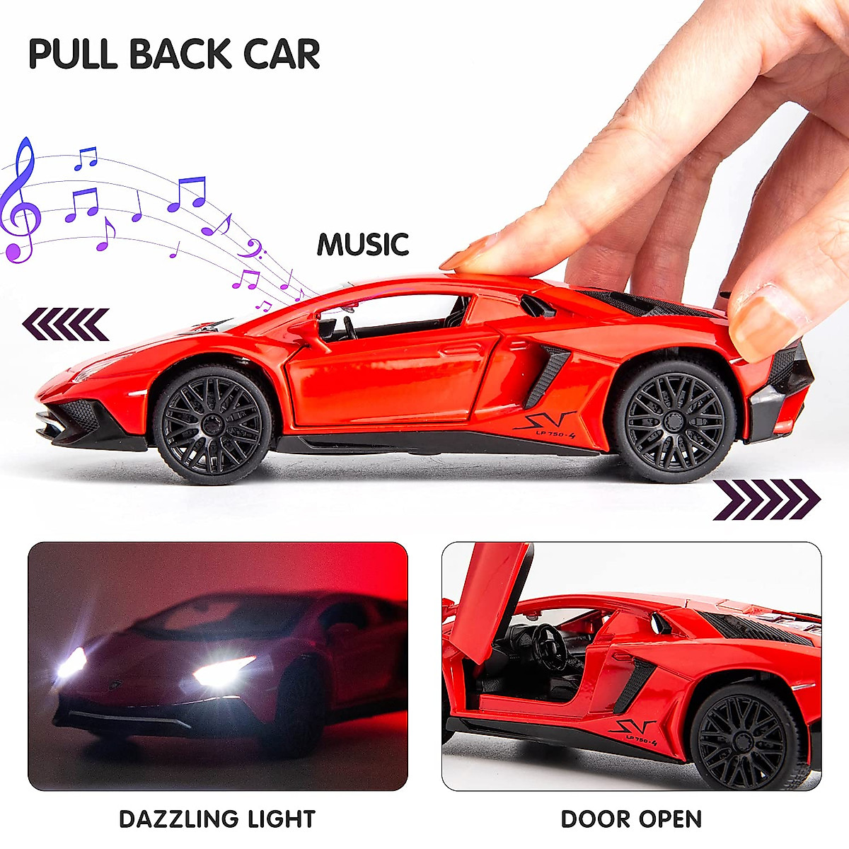 BDTCTK 1:32 LP750 Lambo Model Pull Back Car Toy car with Sound and Light for Kids Boy Girl, Metal Body, Door Opened, Red