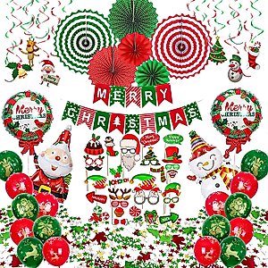 Christmas Party Decorations Supplies, 74 pcs Xmas Decorations Set - Including Paper Fans, Hanging Swirls, Photo Booth Props, Balloons, Confetti and Banner