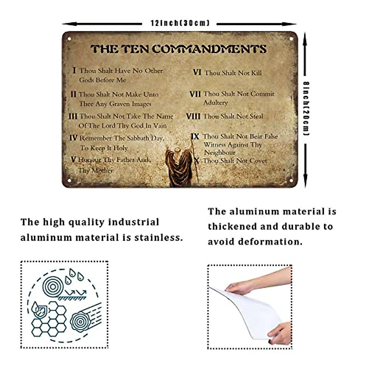 Vintage Ten Commandments Wall Decor,Antique Bible Verse Christian Sign,10 Commandments Wall Art for Bedroom Living Room,Inspirational Motivational Quotes Metal Tin Sign - 8 X 12 Inch