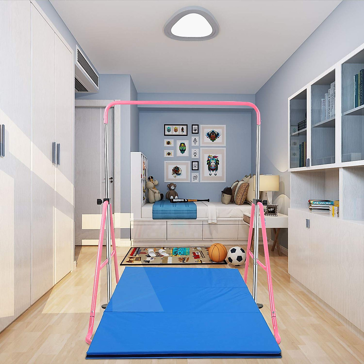 YEEGO DIRECT Gymnastics Bar with Rings, Gymnastics Bar for Kids Ages 3-12, Foldable Gymnastics Bar, Kids Gymnastics Bar Expandable for Home Training Kids Gifts for Grils Boys（Pink）