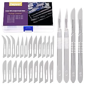 Swpeet 77Pcs 9 Styles #10#11#12#15#20#21#22#23#24 Scalpel Blades Surgical Grade Blades with #3#4 Scalpel Knife Handle Assortment Kit,Biology Lab Knives for Biology Lab Anatomy, Cutting