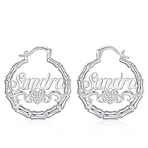 MOTIEL Custom Name Earrings Personalized Natural Diamonds Elegant Large Bamboo Hoop Earrings 925 Sliver Customized Earrings for Women Grils Fashion Jewelry Gifts-30mm