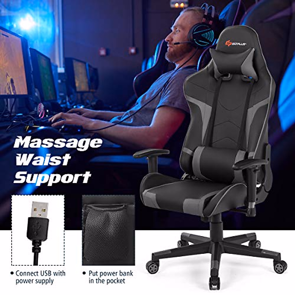 Goplus Gaming Desk & Chair Combo Set, Racing Style X Shaped E-Sport Gamer Desk & PVC Computer Chair w/Cup & Headphone Holder, Mouse Pad, Headrest & Massage Lumbar Support for Home Office (Grey)