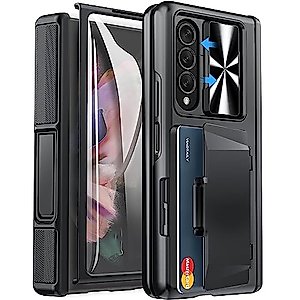 Viaotaily for Samsung Galaxy Z Fold 3 Case with Card Holder & Kickstand & Slide Camera Protection, Built-in Screen Protector & Hinge Protection, Durable Shockproof Wallet Phone Case for Z Fold 3,Black