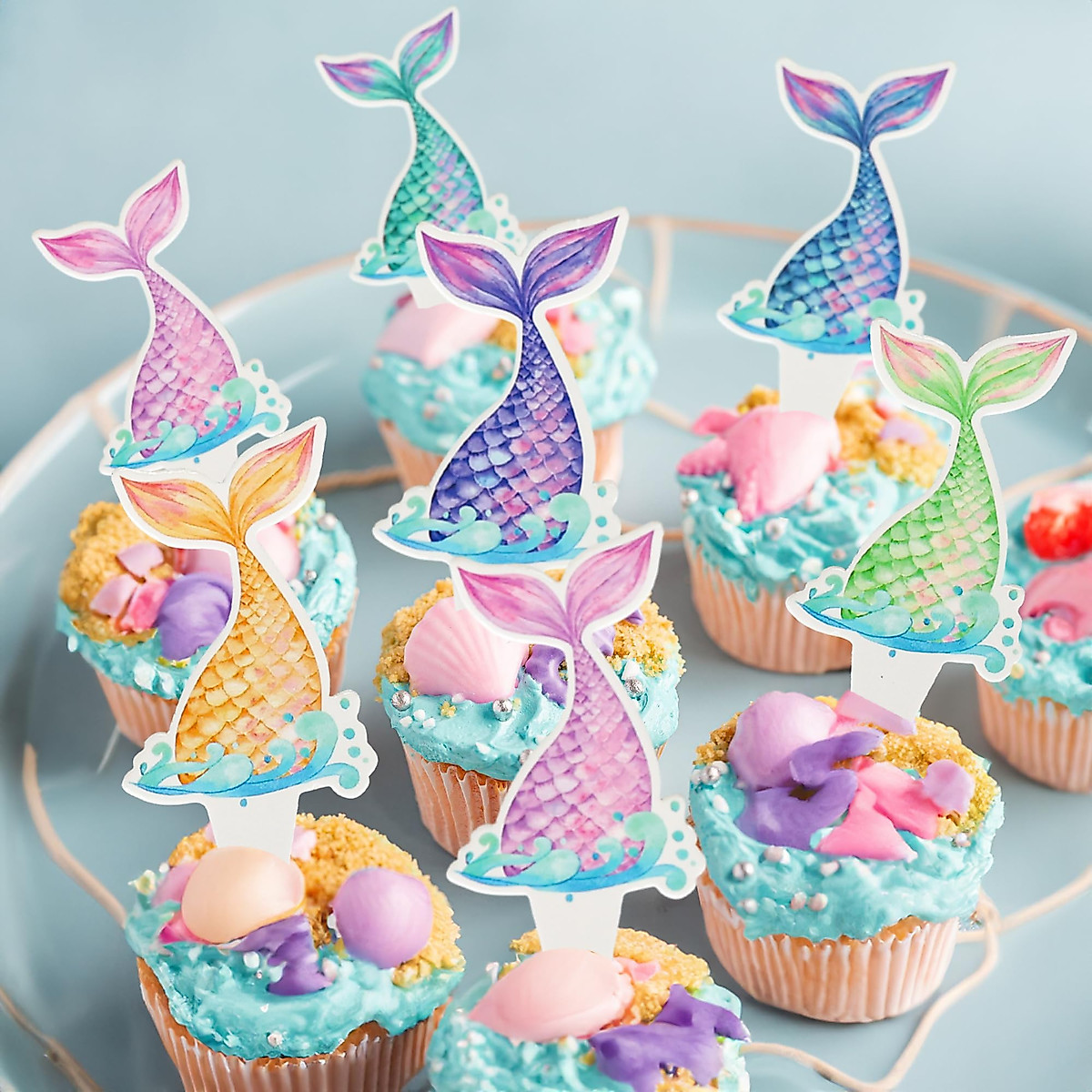 Ephlyn 36Pcs Mermaid Tail Cupcake Toppers Mini Under the Sea Mermaid Tail Cake Topper Decorations Mermaid Cupcake Picks for Mermaid theme Birthday Party Decoration Baby Shower Supplies
