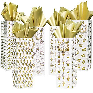 Lulu Home Gold Bottle Gift Bags with Tissue Paper, 12 Pcs Heavy Duty Xmas Bottle Cover with Tags for Holiday Decoration, Party Favors