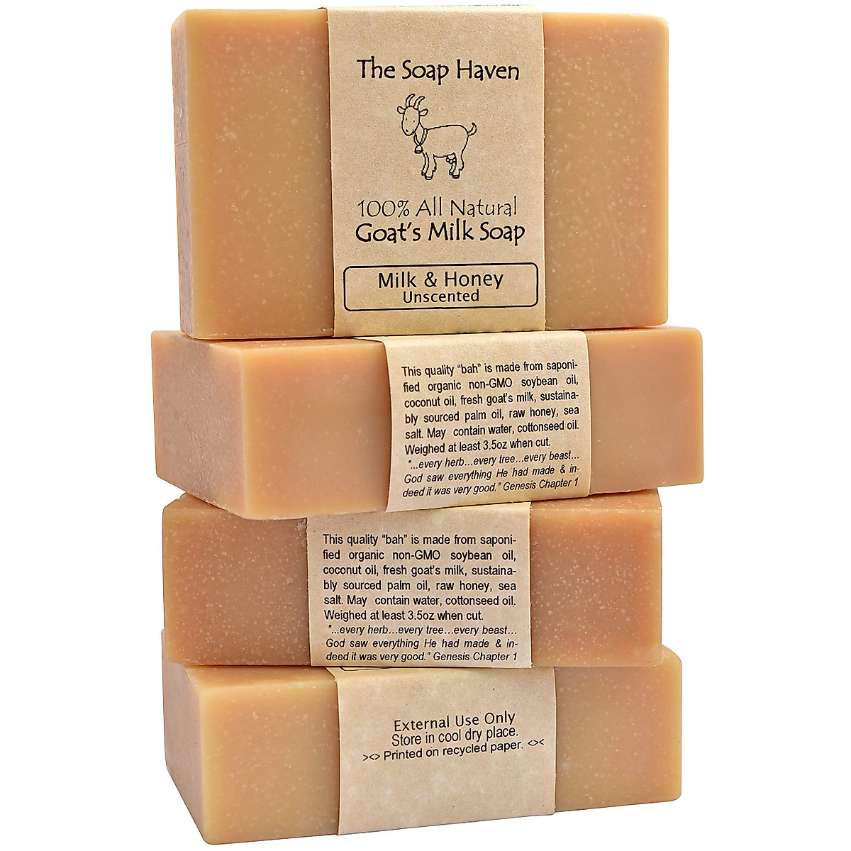 4 Goat Milk Soap Bars with Honey - Handmade in USA. All Natural Soap, Unscented, Fragrance Free, Fresh Goats Milk. Wonderful for Sensitive Skin and Babies. SLS, Paraben, GMO-Free