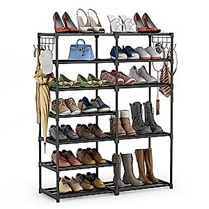 Tribesigns Shoe Shelf Shoe Storage Organizer with Side Hooks For Entryway, 24-30 Pairs Metal Shoe Rack Taller Shoes Boots Organizer