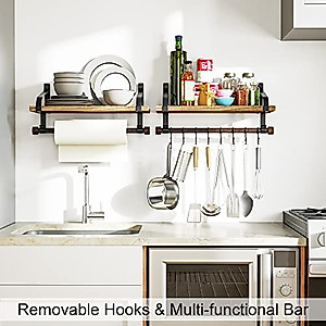 Love-KANKEI Floating Shelf Wall Shelf for Storage Rustic Wood Kitchen Spice Rack with Towel Bar and 8 Removable Hooks for Organize Cooking Utensils or Mugs Carbonized Black