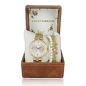Lucky Brand Watches for Women Fashion Stainless Steel Crystal-Accented Minimalist Quartz Movement Women's Wrist Watches Bracelet Gift Box Set (Gold)