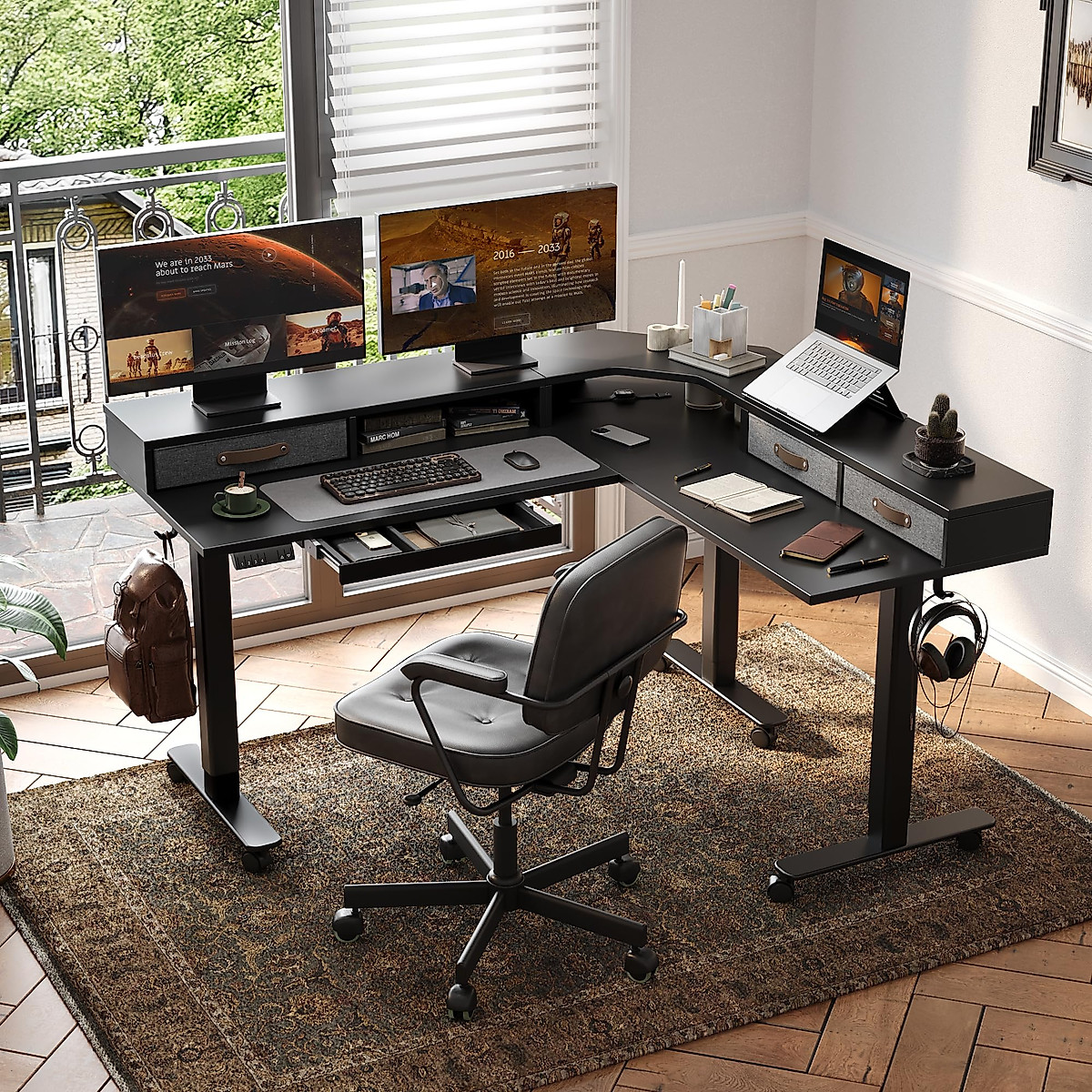 Claiks Dual Motor 63" L Shaped Standing Desk with Drawers, Electric Standing Desk Adjustable Height, Corner Stand up Desk with Splice Board, Black Frame/Black Top