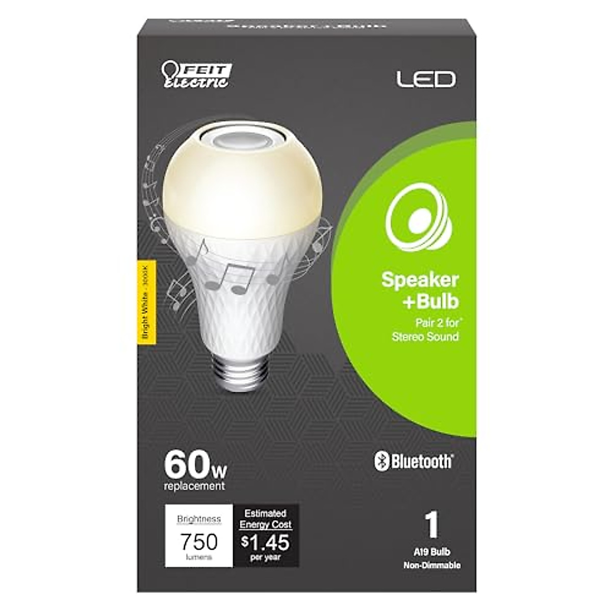Feit Electric A19 LED Speaker Light Bulb, 60W Equivalent Built-in Speaker IntelliBulb, E26 Medium Base, 750 Lumens, 3000K Bright White - BTOM60830LEDI
