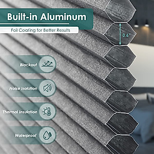 LUCKUP Cellular Shades Cordless Blackout Honeycomb Blinds, Room Darkening Pull Down Window Shade for Bedroom Living Room Nursery, 20'' W x 64'' H, Grey-White