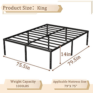 Besebay King Size Bed Frame 14 Inch Heavy Duty Metal Frames with Steel Slats Support Ample Storage No Box Spring Needed, Easy Assembly, Noise Free, Black