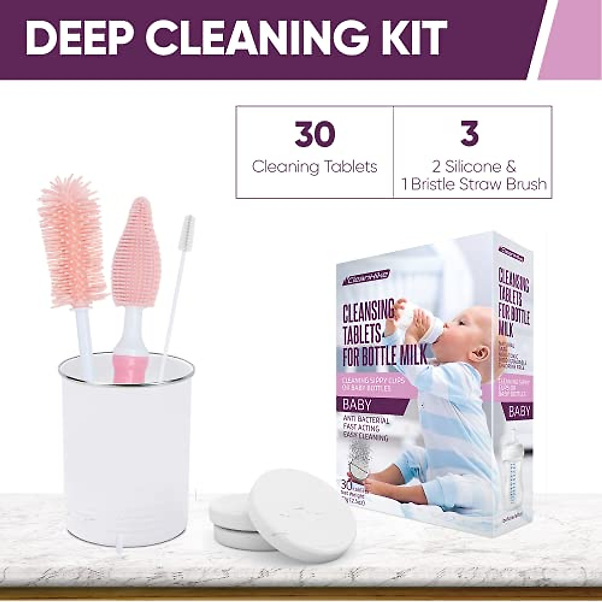 Pink (3) Baby Bottle Silicone Brushes and (30 Pack) Baby Milk Bottle Cleaning Tablets, Baby Water Bottle Tumbler Cleaner