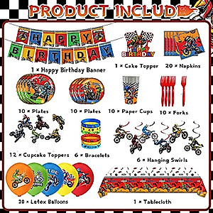 Dirt Bike Party Decorations, 113 PCS Motorcycle Theme Party Supplies Include Happy Birthday Banner, Hanging Swirls, Cake Toppers, Ballons, Plates and Napkins, Motocross Birthday Decorations for Boys