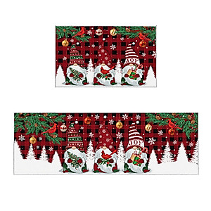 Christmas Gnome Kitchen Rugs and Mats Set of 2 Snowflake Red and Black Buffalo Plaid Xmas Kitchen Mat,Non-Slip Area Runner Rug,Washable Floor Mat for Home Dining Room Office 16x24in+16x47in