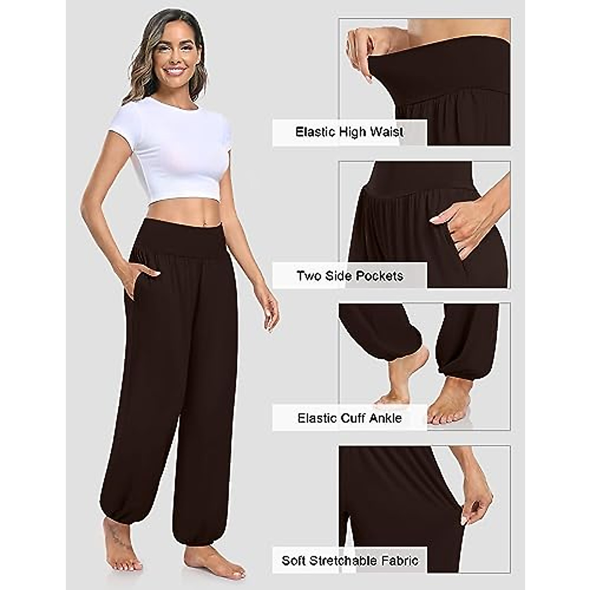 UEU Women's Harem Casual Loose Pants Yoga Sweatpants Flowy High Waisted Lounge Comfy Pajama Joggers with Pockets DarkCoffee L