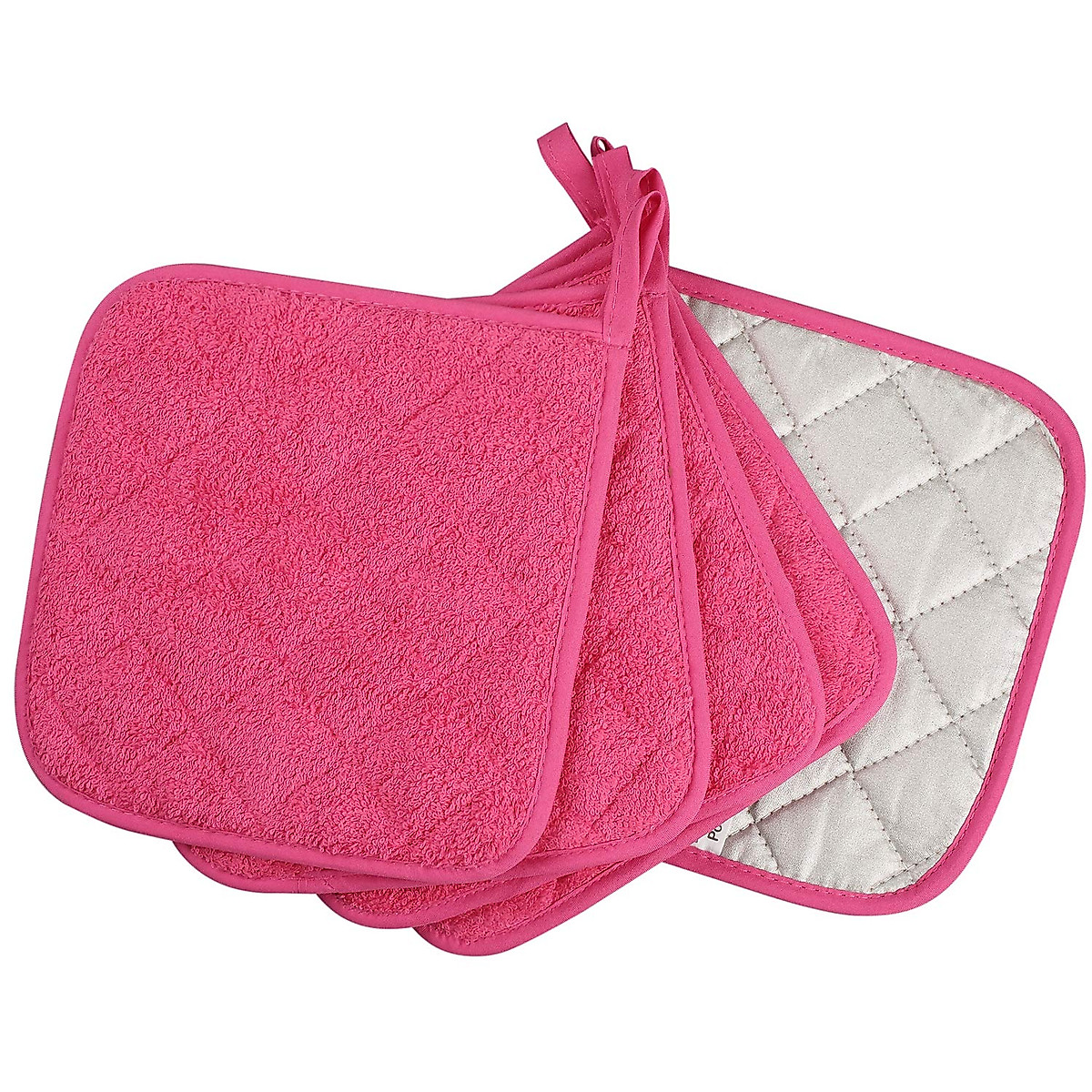 100% Cotton Kitchen Everyday Basic Terry Pot Holder Heat Resistant Coaster Potholder for Cooking and Baking Set of 5 (Dark Pink, Potholder)