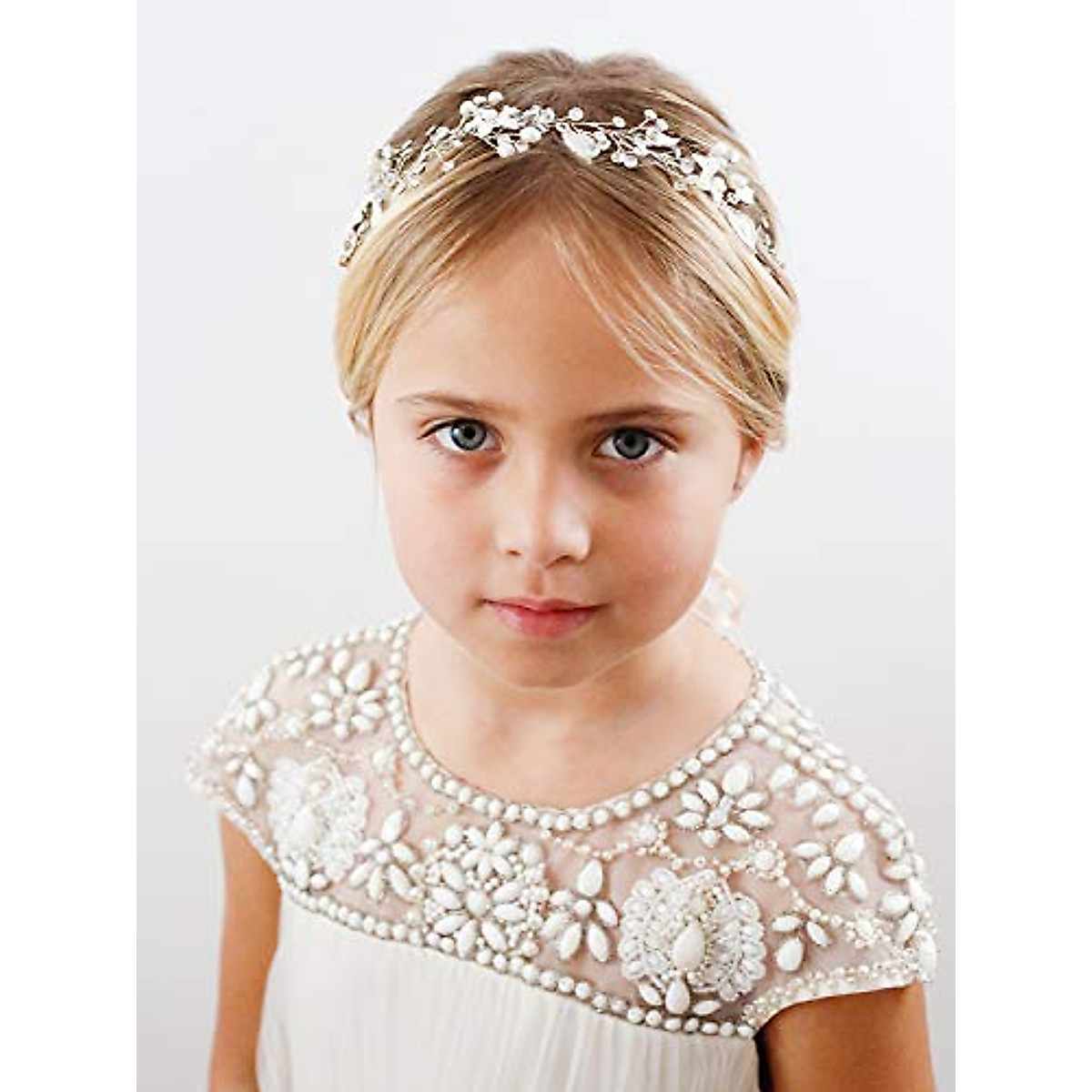 SWEETV Flower Girl Headpiece Silver Princess Wedding Headband -Baby Girls Flower Pearl Hair Accessories for Birthday Party, Photography