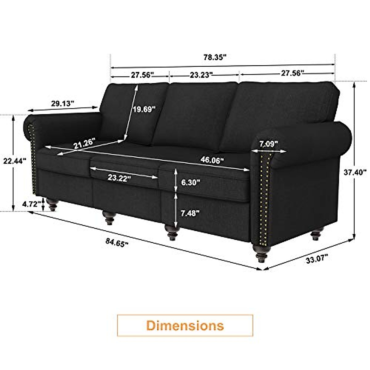 Nolany 3 Seater Sofa Linen Fabric Couch with Reversible Back Cushions Upholstered Sofa 3-Seat Couch for Small Space, Dark Grey