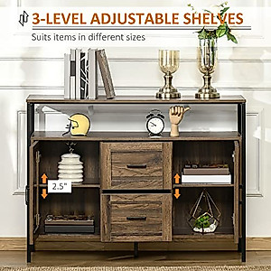 HOMCOM Industrial Sideboard Buffet Cabinet, Coffee Bar Cabinet with Adjustable Shelves, Glass Doors, and 2 Drawers for Kitchen, Living Room, Brown