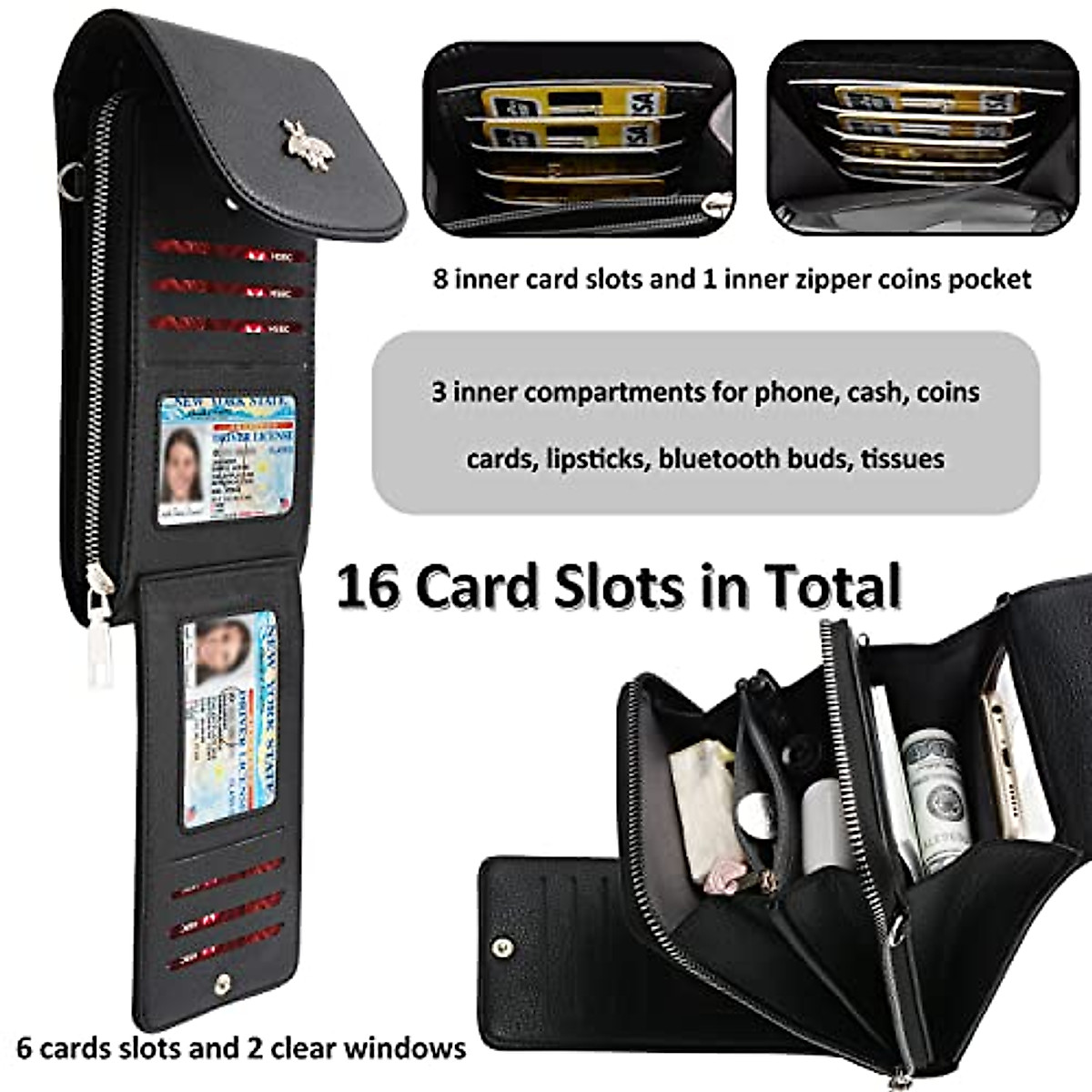 LITOON Cross Body Bags with Touchscreen Cell Phone Purse Window ZipperPocket, RFID Blocking Card Holder for Women (Vertical - Black)