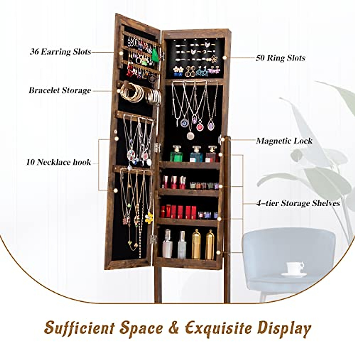 Ntufrest Standing Full-Length Mirror Jewelry Armoire, Lockable Jewelry Organizer, Large capability frame Mirror Jewelry Cabinet, Exclusive Dressing Jewelry Organizer