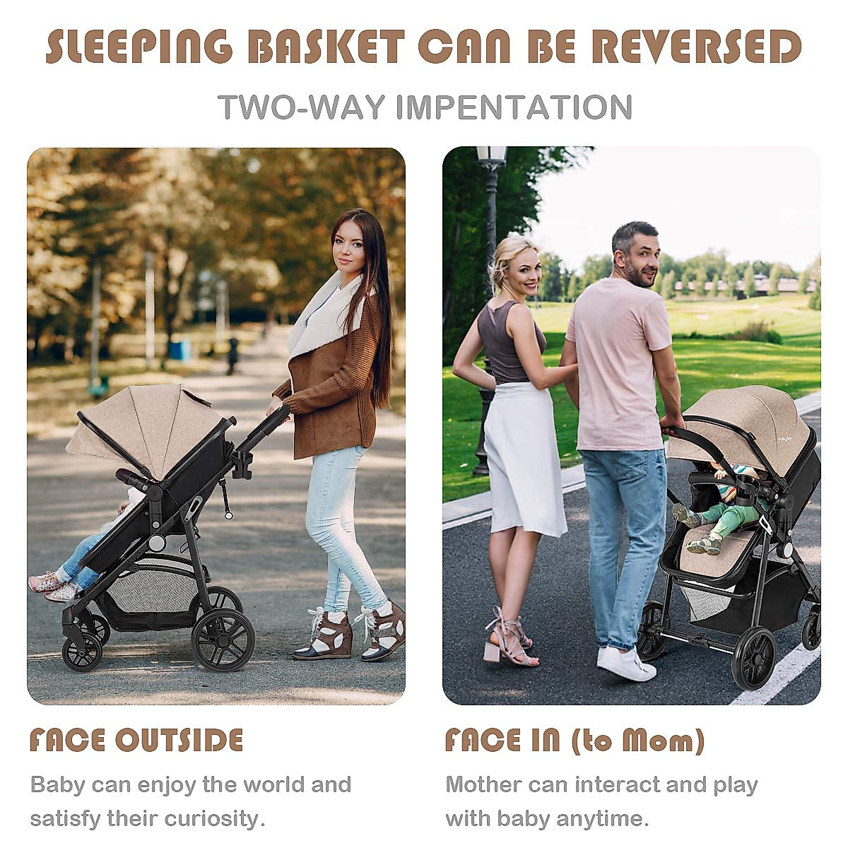 BABY JOY Baby Stroller, 2 in 1 Convertible Carriage Bassinet to Stroller, Pushchair with Foot Cover, Cup Holder, Large Storage Space, Wheels Suspension, 5-Point Harness (Light Coffee)